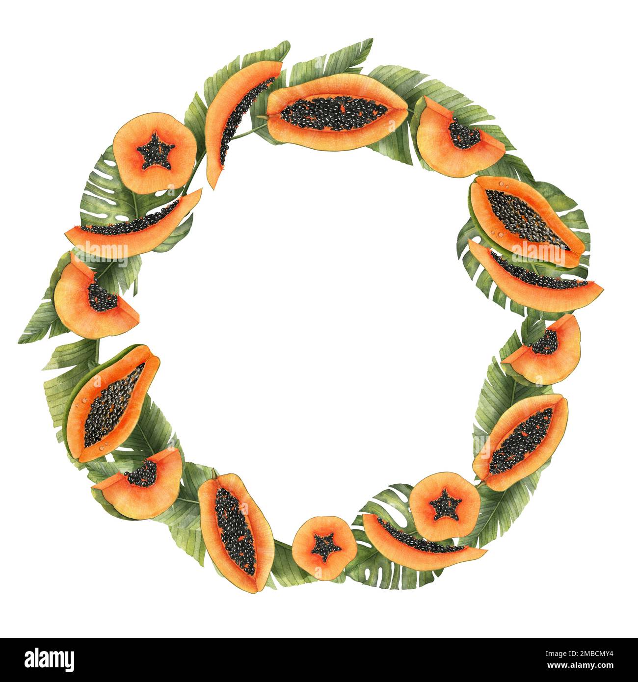 Watercolor Wreath with orange Papaya fruit and green Palm leaves. Hand ...
