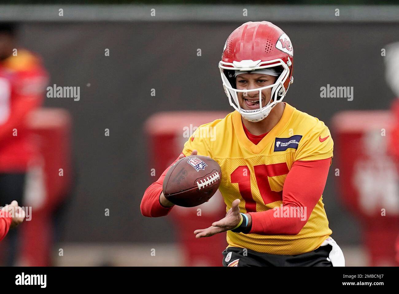 Kansas City Chiefs quarterback Patrick Mahomes catches a ball during ...