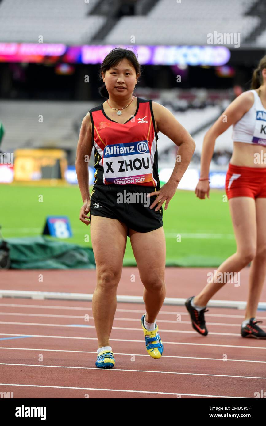 Zhou Xia competing in the 2017 World Para Athletics Championships in the Olympic Stadium, London ...