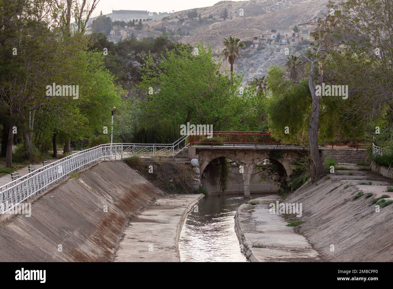 A small riverbed in a park with green trees and an old stone bridge in ...