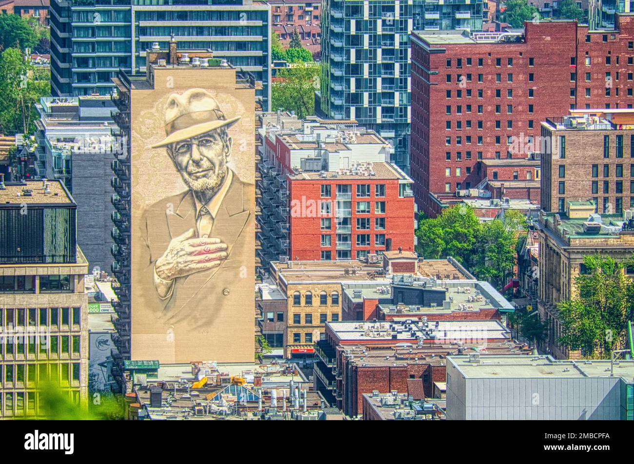 An aerial shot of the Montreal cityscape with The Leonard Cohen ...