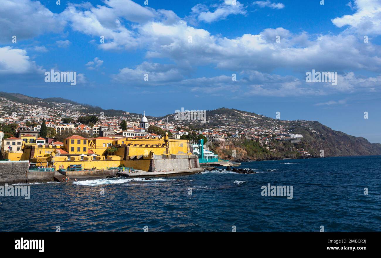 Seafront of Funchal town, Madeira, Portugal. Old castle Fortaleza de ...