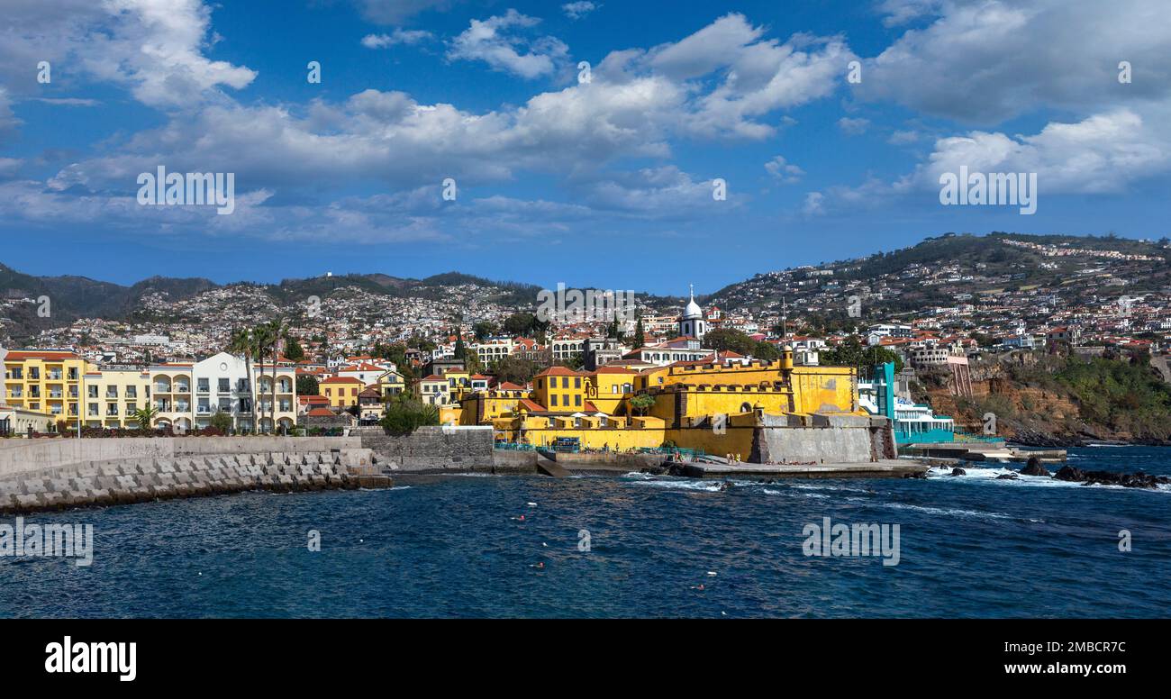 Seafront of Funchal town, Madeira, Portugal. Old castle Fortaleza de ...