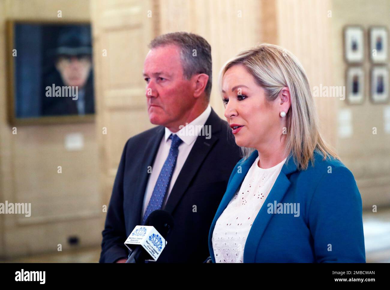 Sinn Fein Deputy leader Michelle O'Neill, right, and party colleague ...