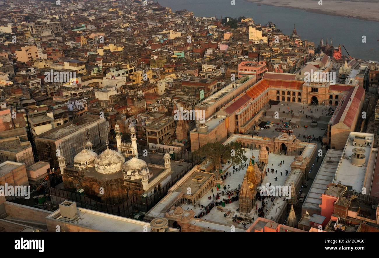 An Aerial view shows Gyanvapi mosque, left, and Kashiviswanath temple ...