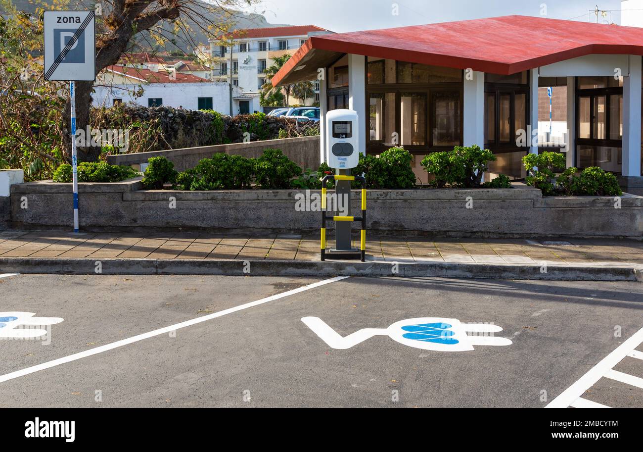 Madeira, Portugal, December 12, 2019: Electric vehicle charging station ...