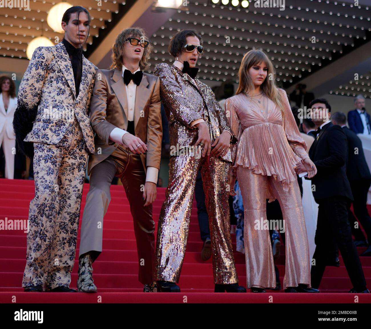 Ethan Torchio, from left, Thomas Raggi, Damiano David, and Victoria De Angelis pose for ...