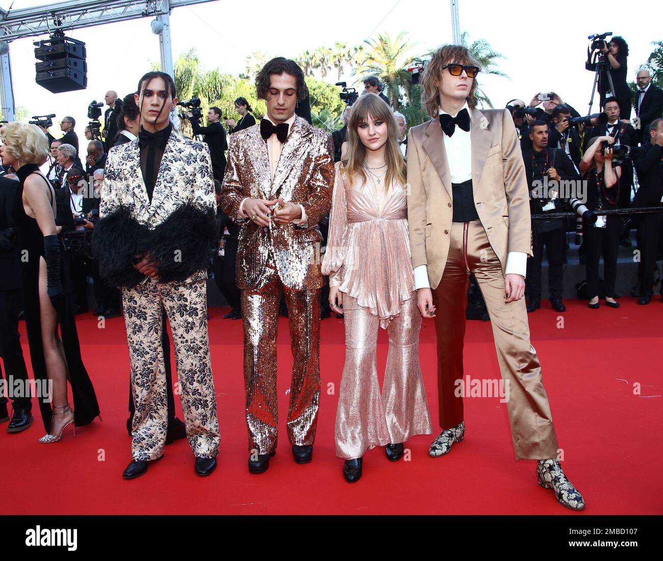 Ethan Torchio, from left, Damiano David, Victoria De Angelis, and Thomas Raggi pose for ...