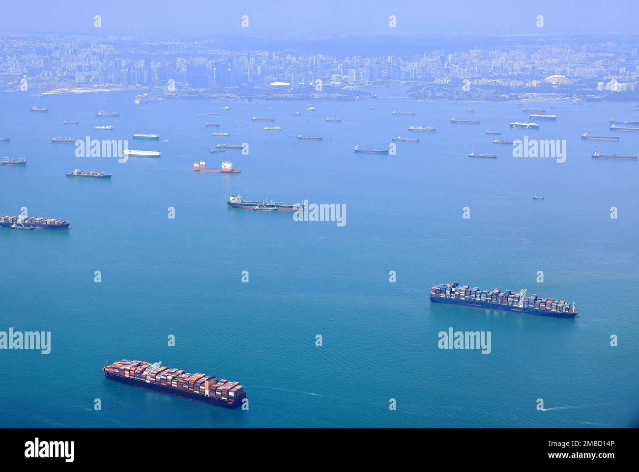 Aerial view of the Singapore Strait, Ocean liner, tanker and Cargo Ship ...