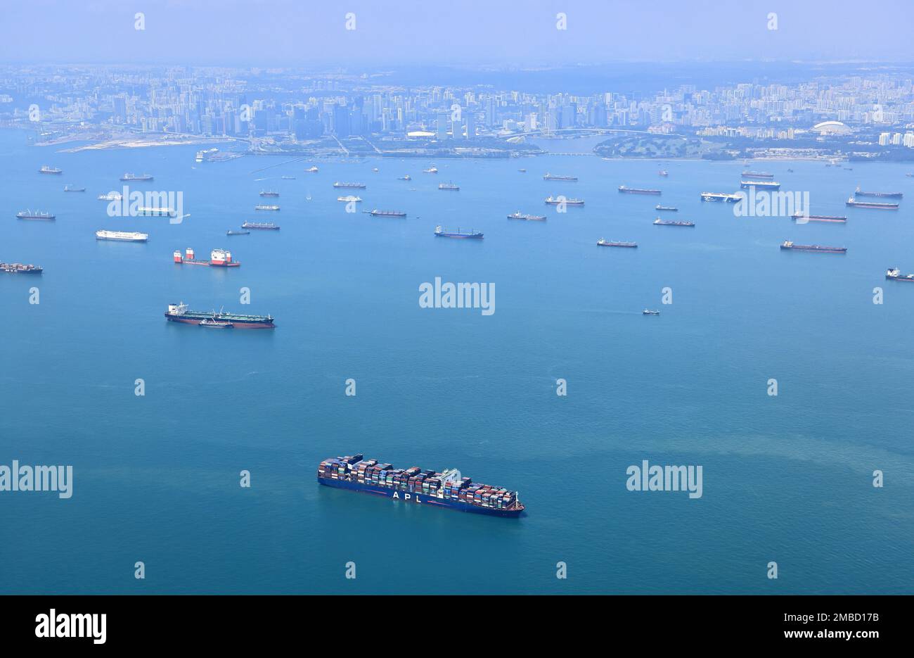 High angle shot of ocean liner, tanker and Cargo Ship in Singapore ...