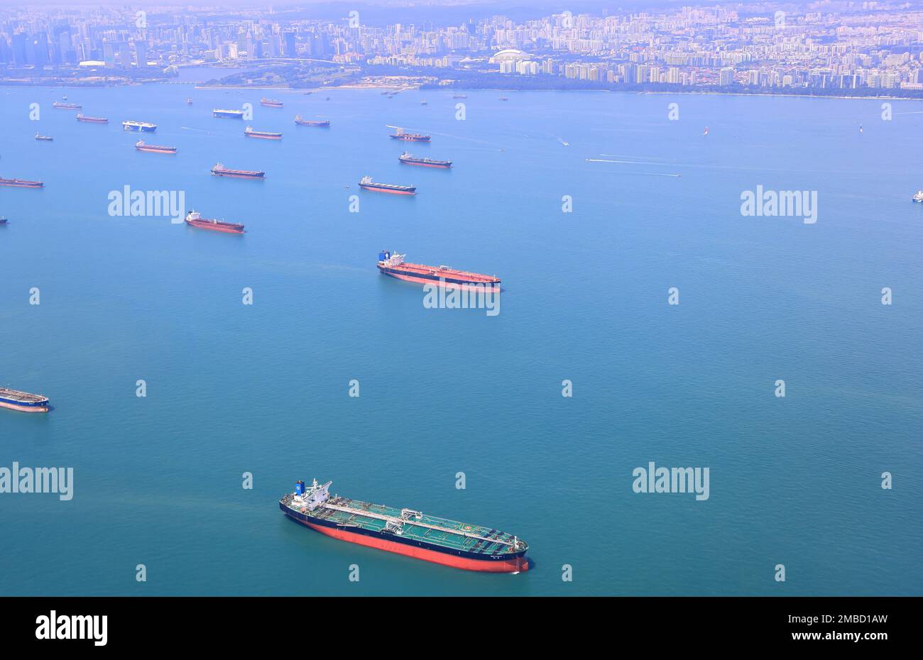 Aerial view of the Singapore Strait, Ocean liner, tanker and Cargo Ship ...