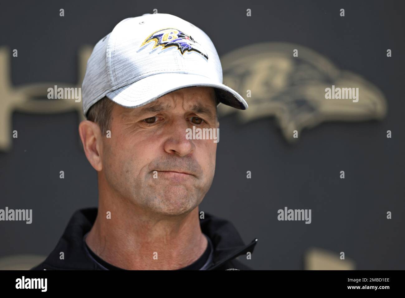 Baltimore Ravens head coach John Harbaugh answers question after an NFL ...