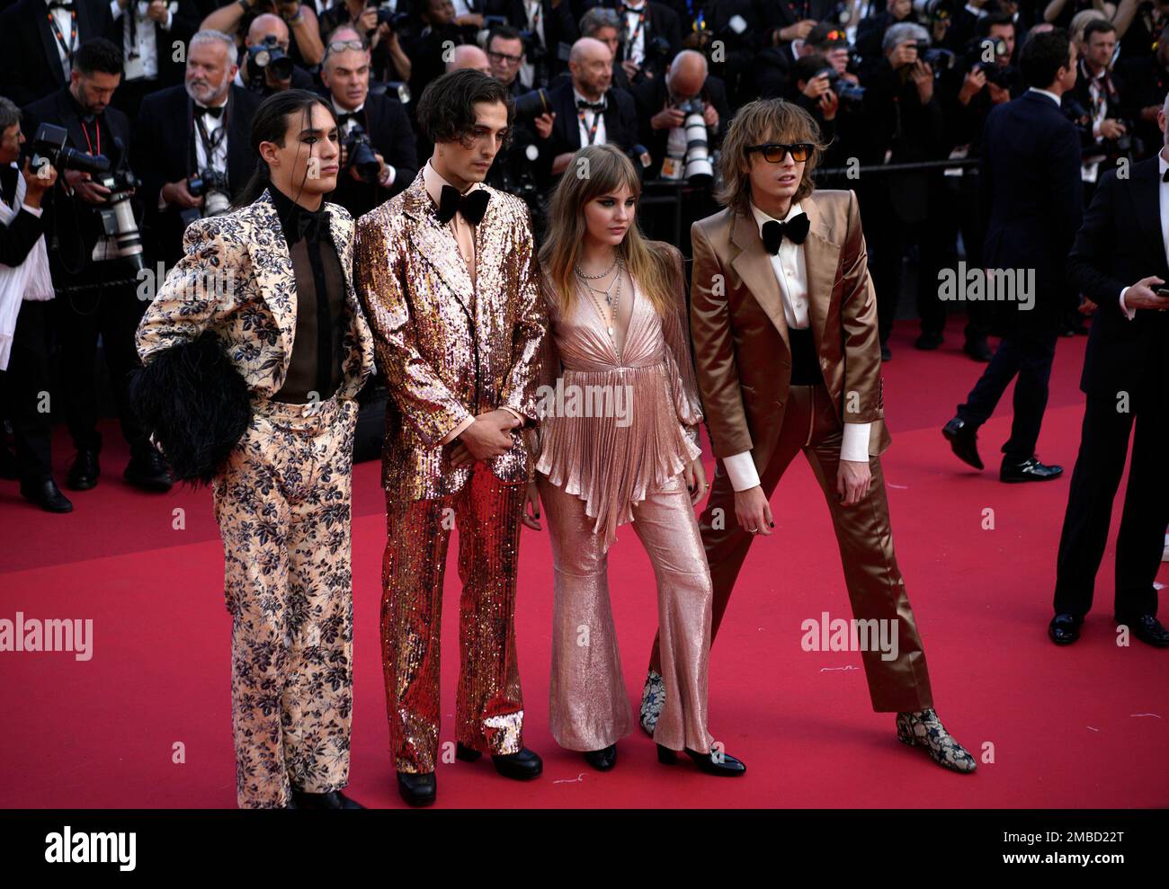 Ethan Torchio, from left, Damiano David, Victoria De Angelis, and Thomas Raggi of Maneskin pose ...
