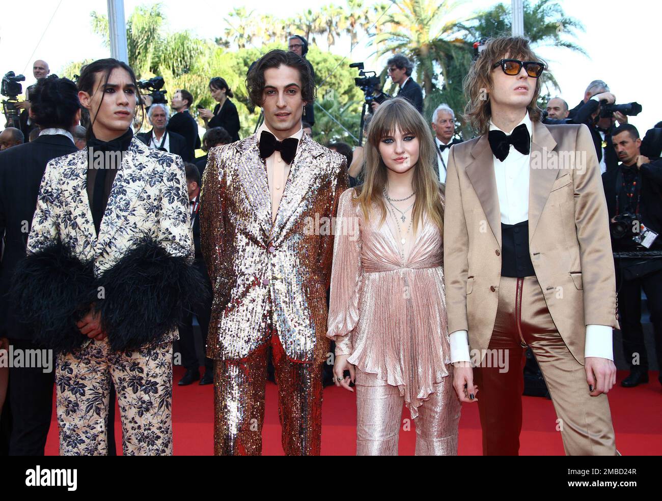 Ethan Torchio, from left, Damiano David, Victoria De Angelis, and Thomas Raggi of Maneskin pose ...