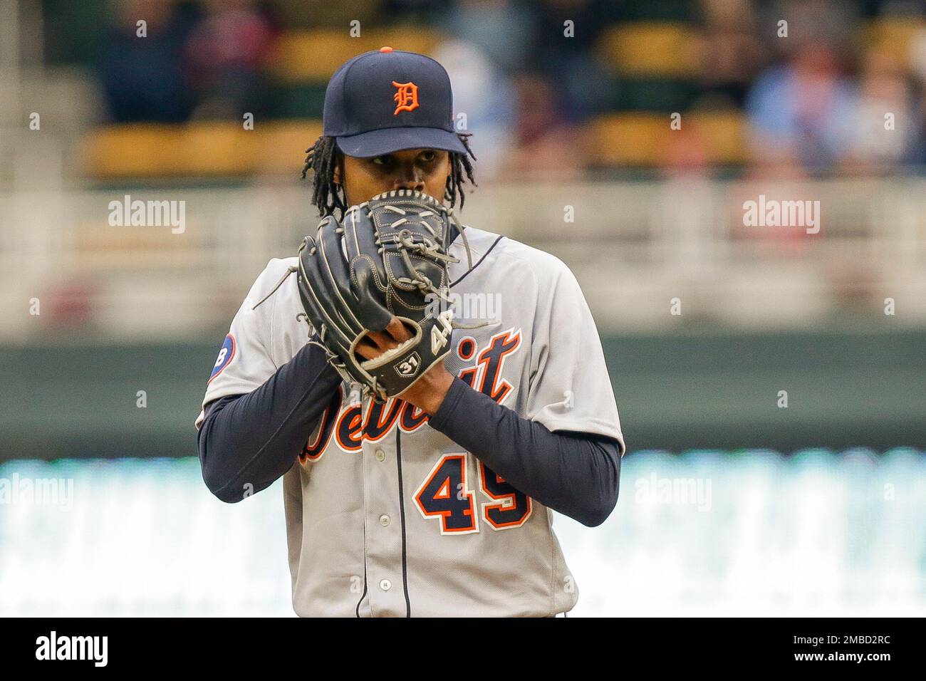 Detroit Tigers starting pitcher Elvin Rodriguez looks on during a ...