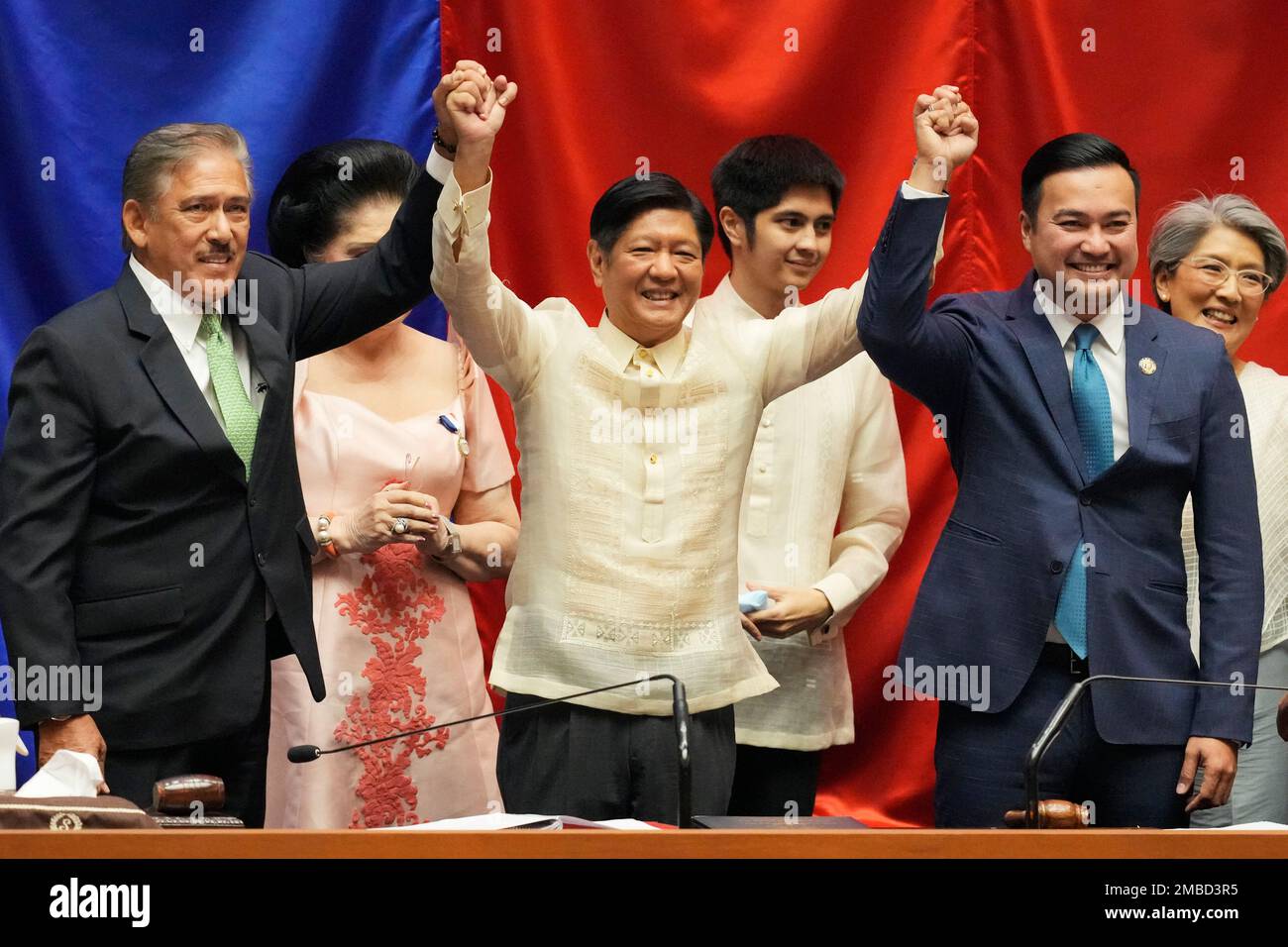 President Elect Ferdinand Bongbong Marcos Jr Raises Hands With