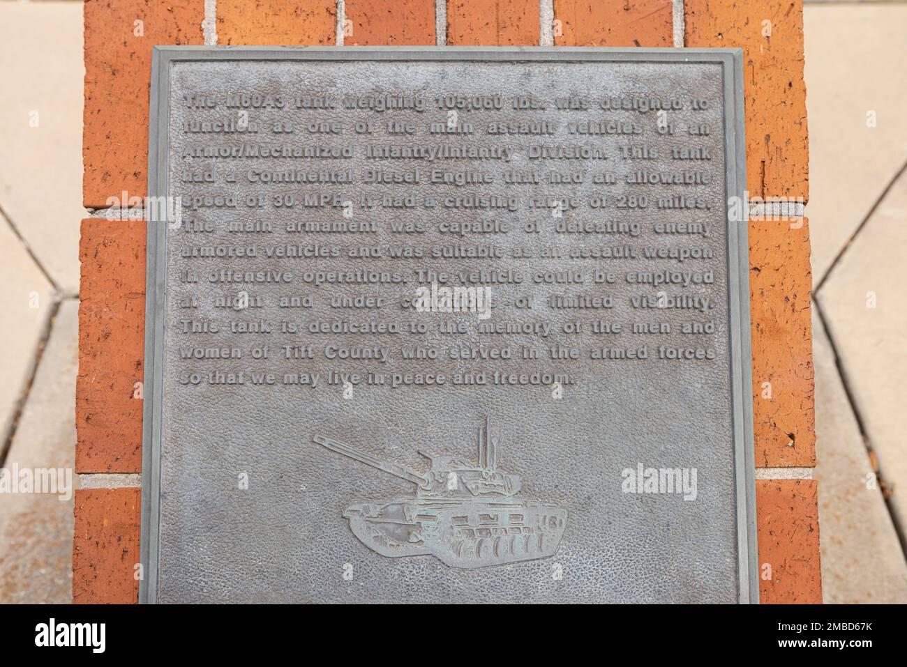 Tifton, Georgia, USA - April 17, 2022: Plaque at the feet of a M60 Tank ...