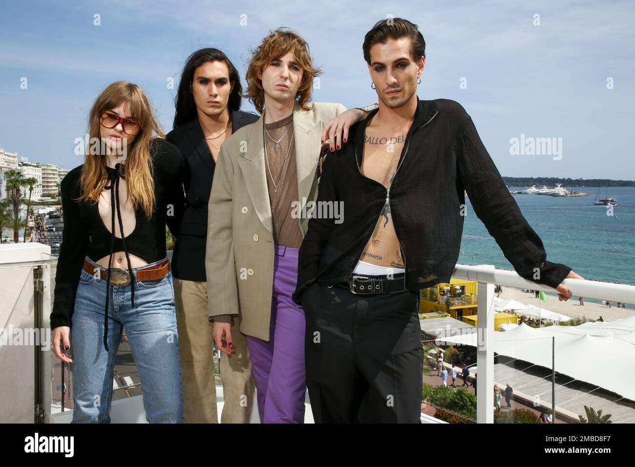 Victoria De Angelis, from left, Ethan Torchio, Thomas Raggi and Damiano David of Maneskin pose ...