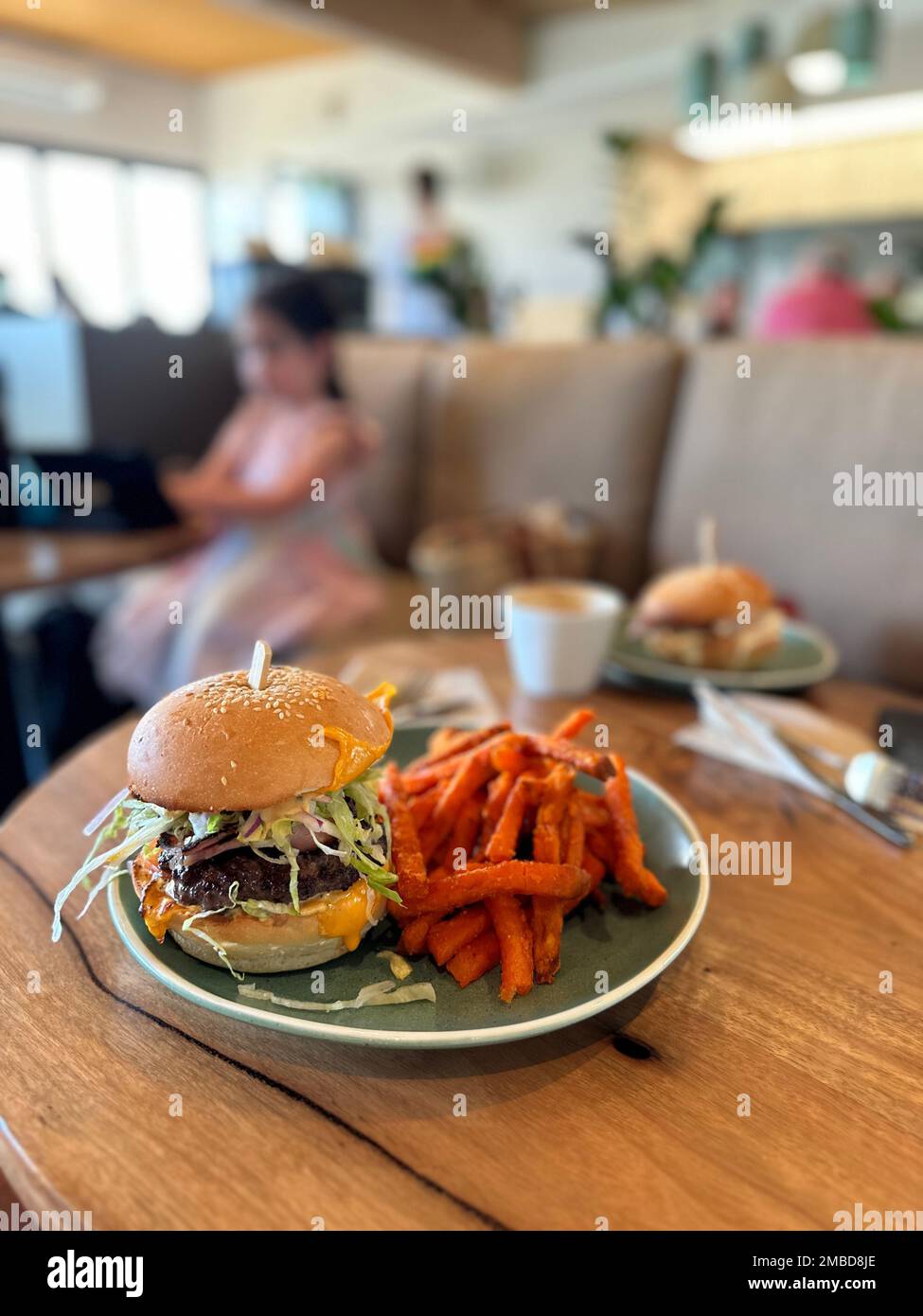 A vertical shot of burger sandwich and fries in green plate on wooden ...