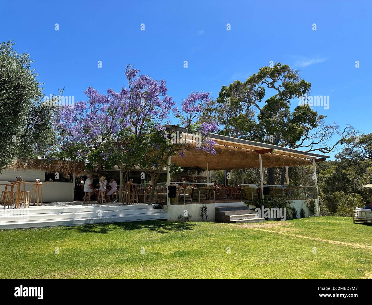A beautiful cafe surrounded by beautiful trees with a garden and people ...