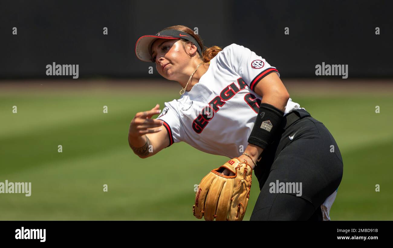 Georgia's Sydney Kuma (6) makes a throw during an NCAA softball game on Friday, May 20, 2022, in ...