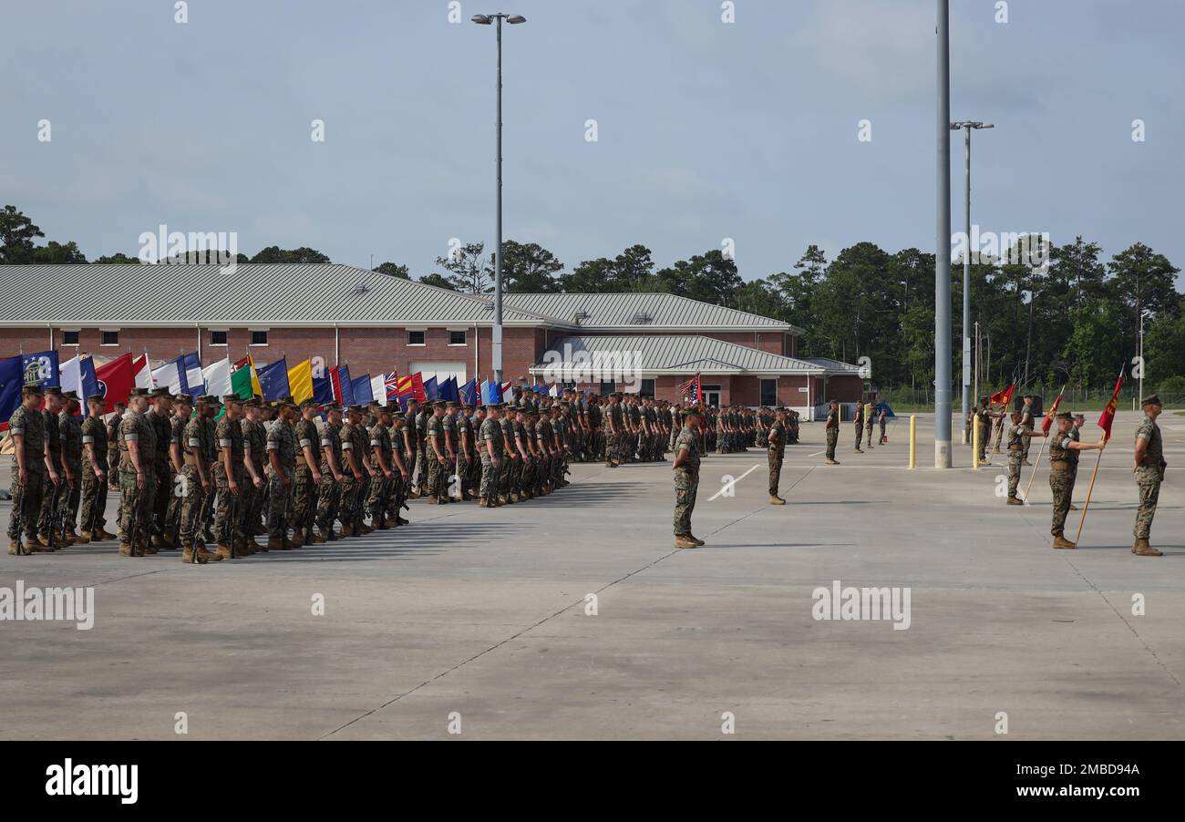 U.S. Marines with 2d Combat Engineer Battalion stand in formation at a ...