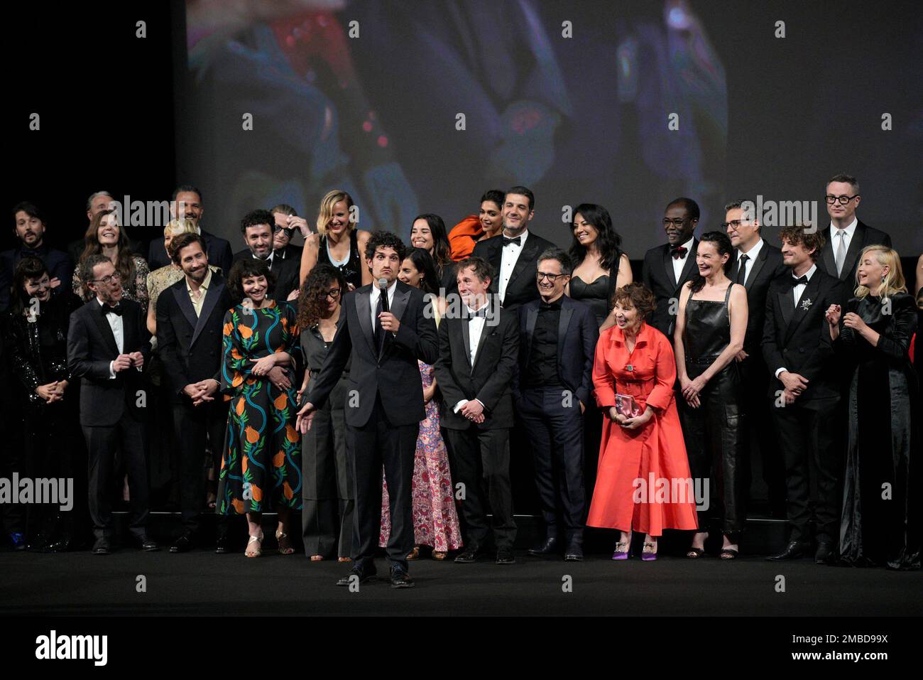 Louis Garrel speaks as other film industry professionals look on during ...