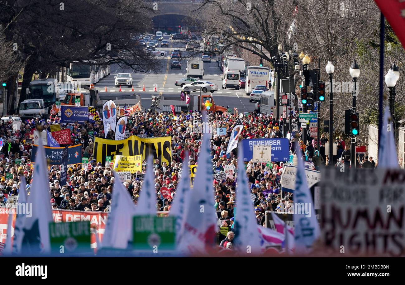 Anti-abortion demonstrators march toward the U.S. Supreme Court during ...