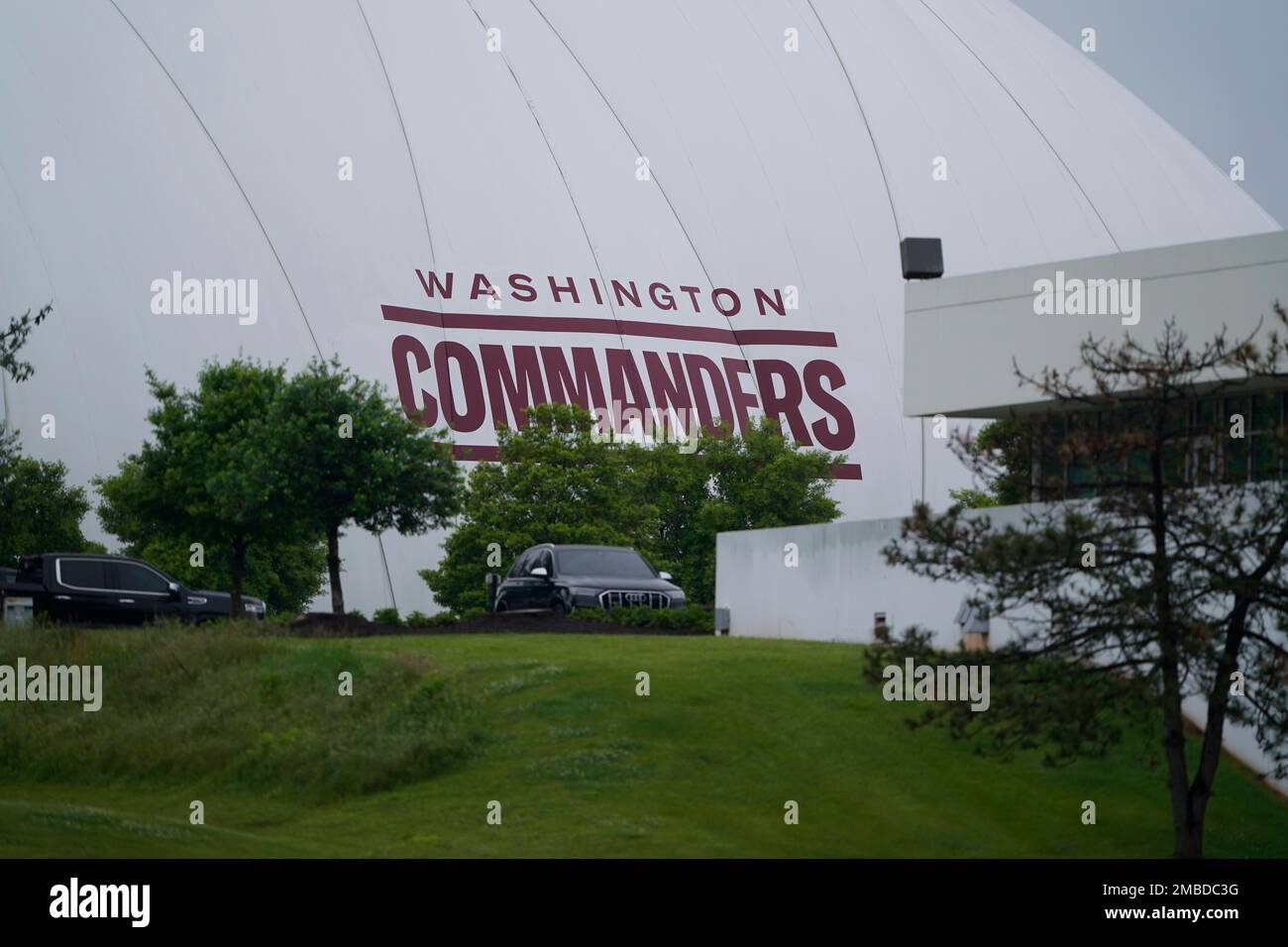 The Washington Commanders name is seen on their practice bubble at the ...