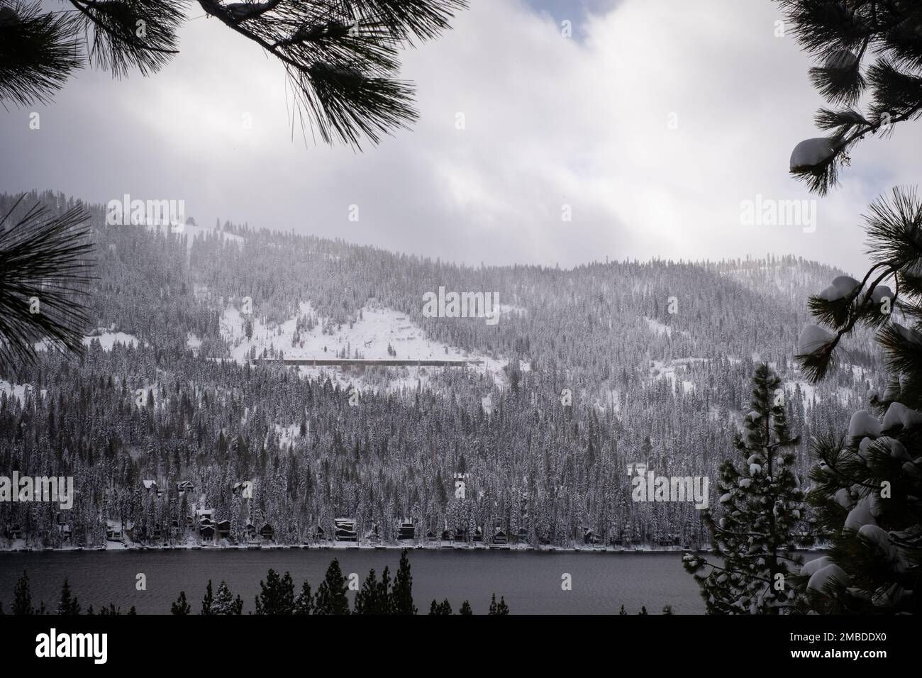 An elevated view of Donner Lake during a snow storm Stock Photo - Alamy