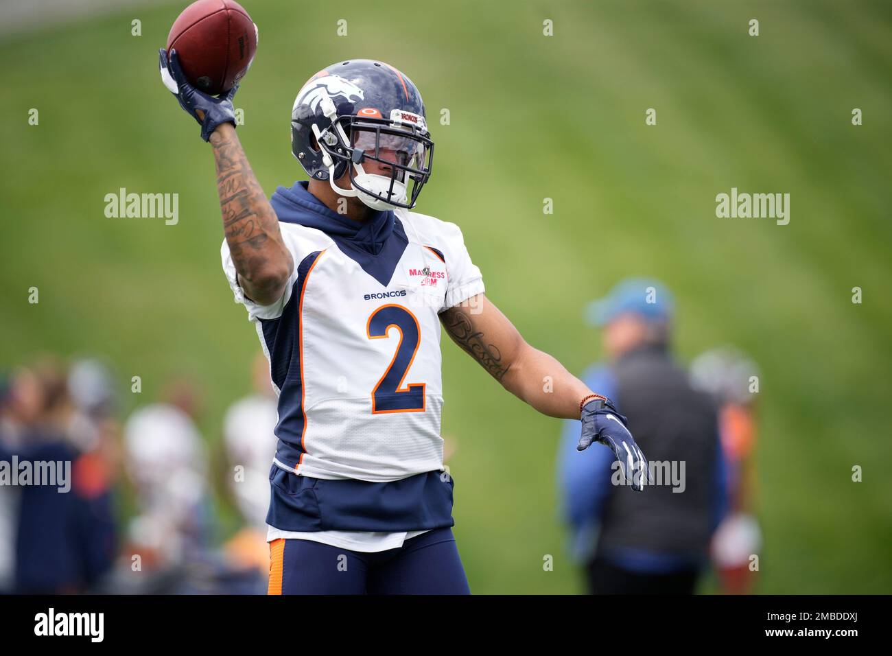 Denver Broncos cornerback Pat Surtain II () takes part in drills at the ...
