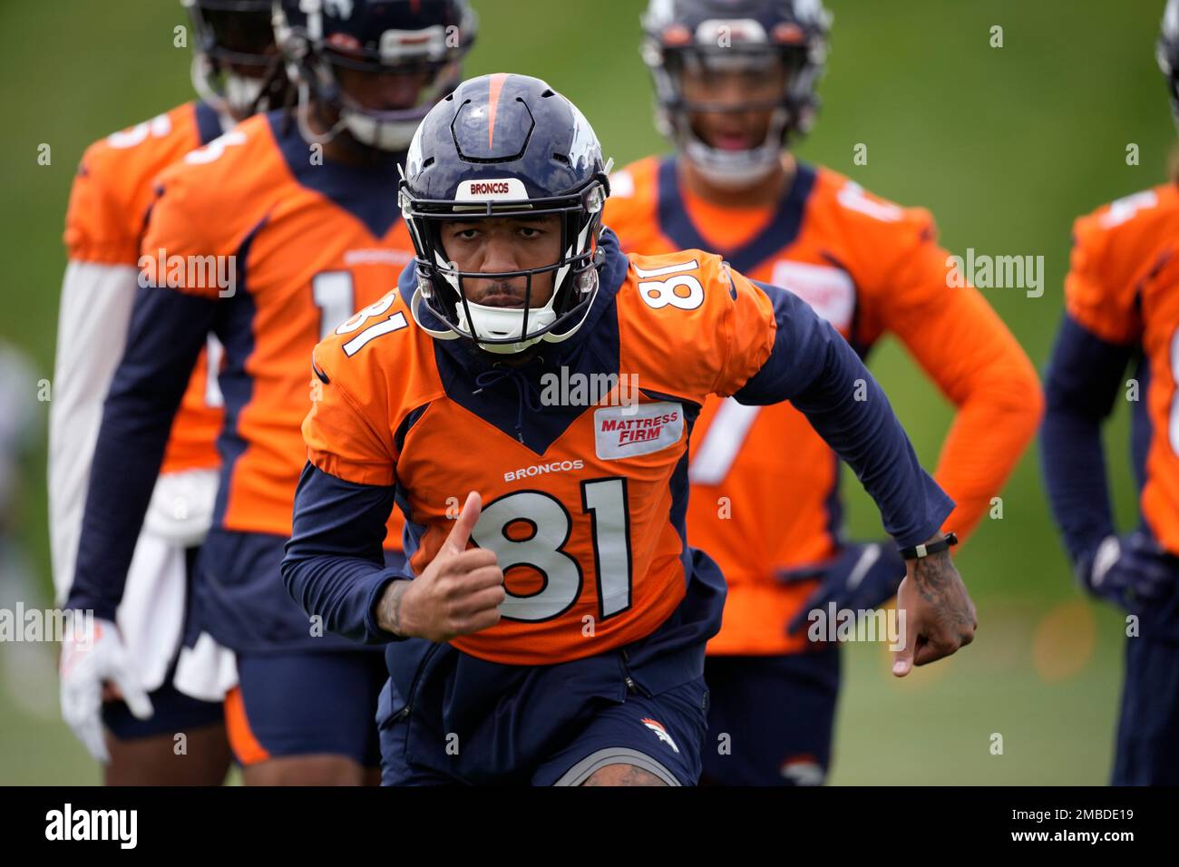 Denver Broncos wide receiver Tim Patrick () takes part in drills at the ...