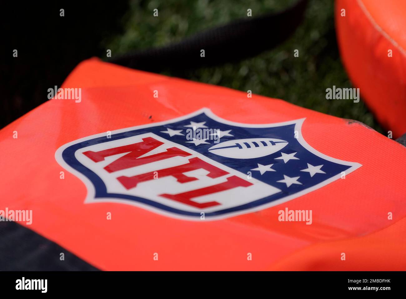 The NFL shield logo is shown on a down marker during NFL football ...