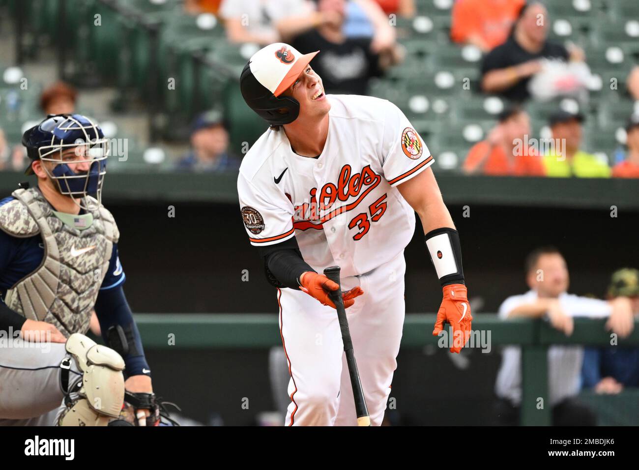 Baltimore Orioles' Adley Rutschman (35) flies out to Tampa Bay Rays ...
