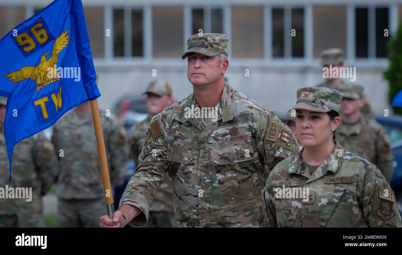 Chief Master Sgt. Heath Tempel, 96th Test Wing command chief, holds the ...