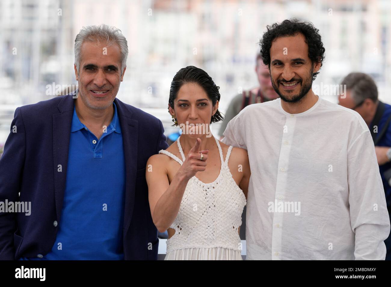 Mehdi Bajestani, from left, Zahra Amir Ebrahimi, and director Ali Abbasi pose for photographers ...