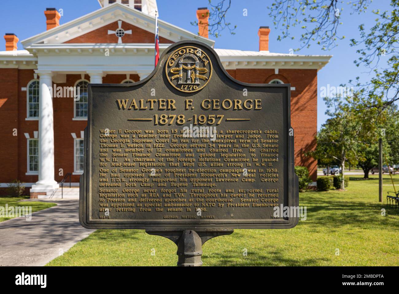 Preston, Georgia, USA - April 19, 2022: Plaque tells the history of ...