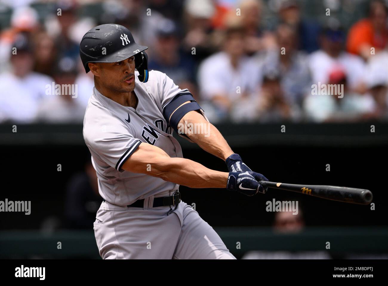 New York Yankees' Giancarlo Stanton bats during a baseball game against ...