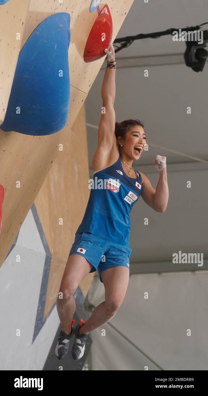 Japan's Miho Nonaka reacts after competing in the boulder semifinals ...