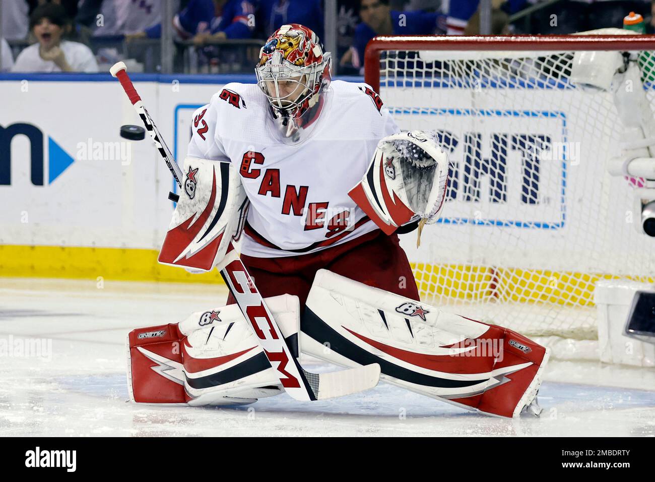 Carolina Hurricanes goaltender Antti Raanta makes a save against the ...