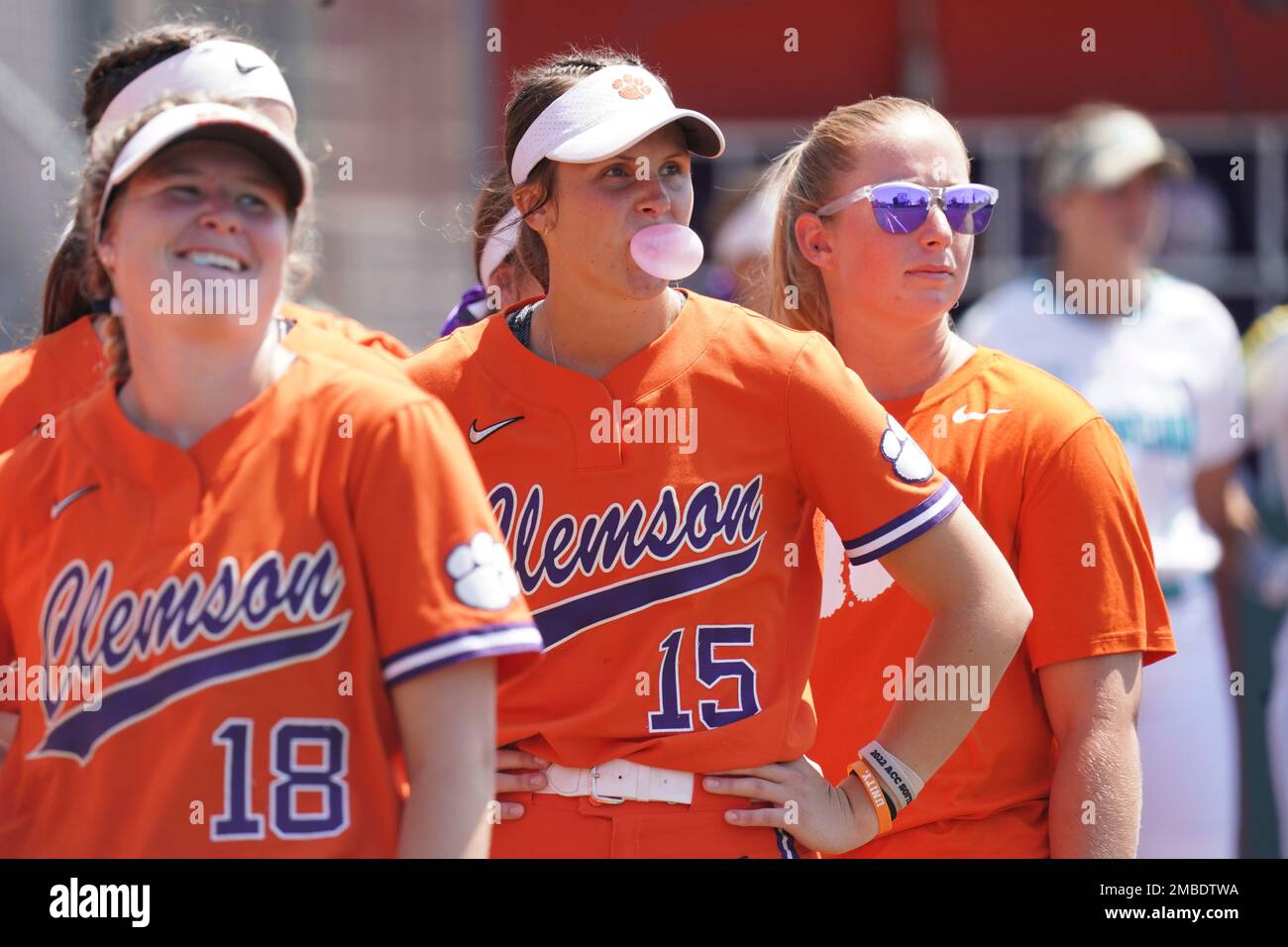 Clemson's Madison May (15) blows a bubble before an NCAA softball game ...