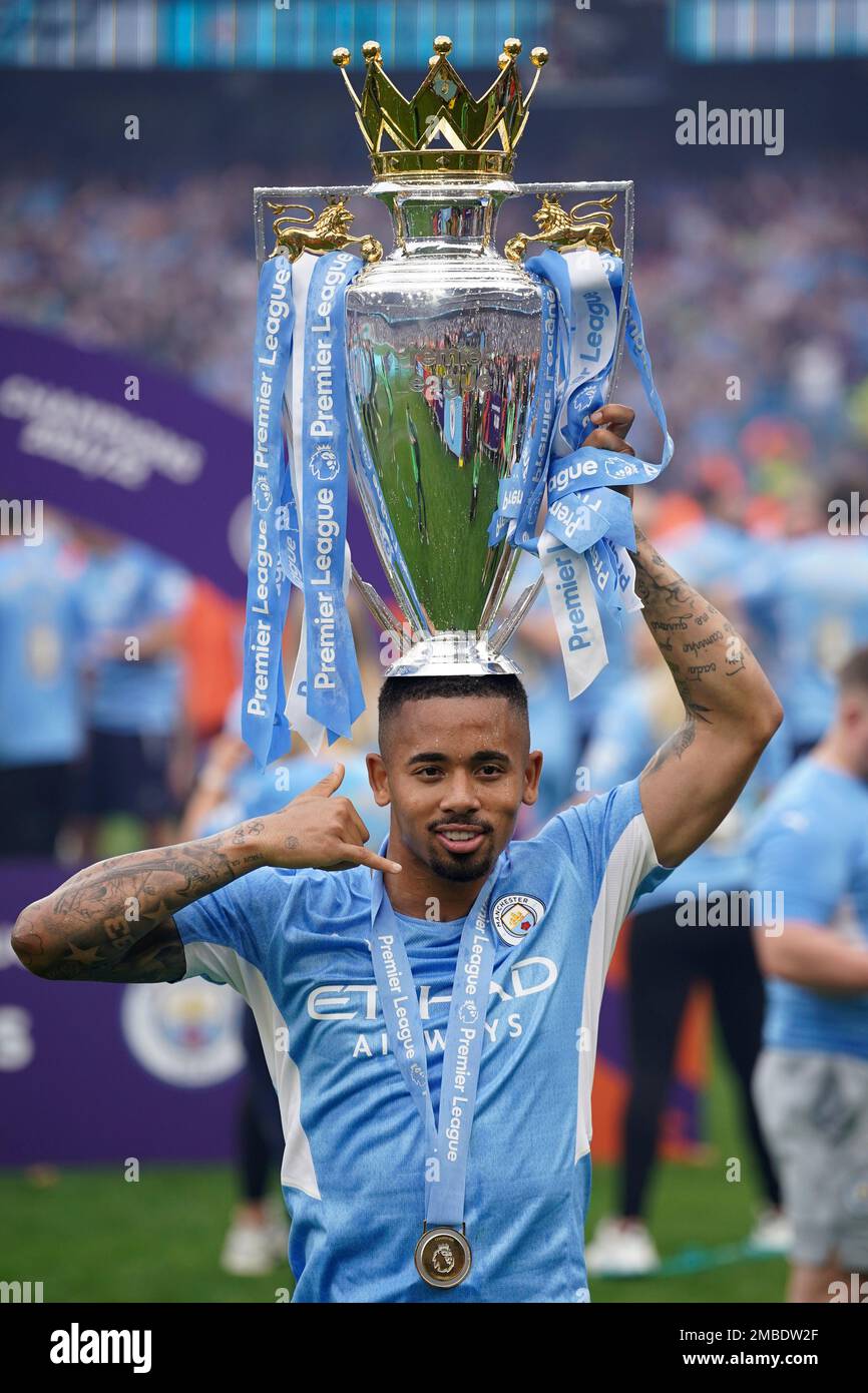 Manchester City's Gabriel Jesus celebrates with the trophy after ...