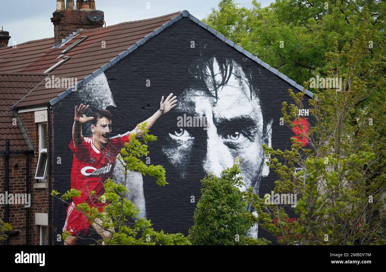 A mural of Liverpool legend Ian Rush is seen outside the stadium before ...