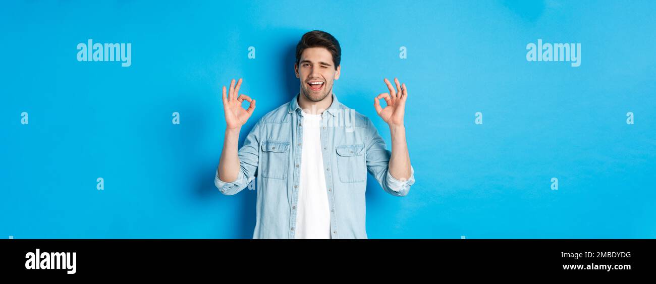 Relaxed and confident man showing ok signs and winking, everything okay ...