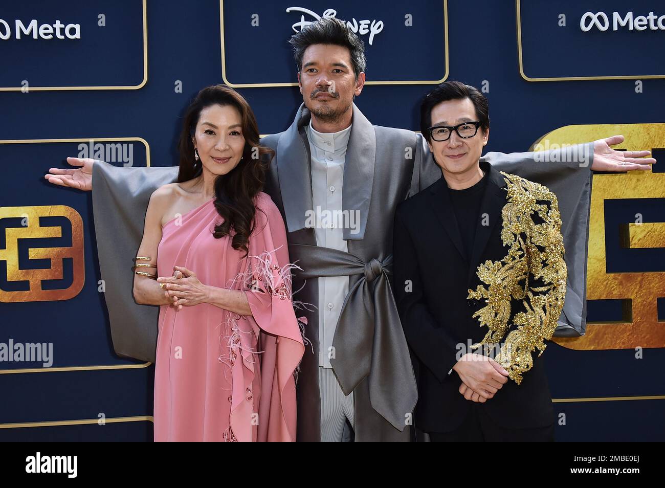 From left, Michelle Yeoh, Destin Daniel Cretton and Ke Huy Quan arrive at the Gold House Gala on ...