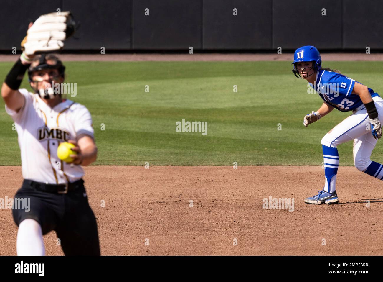 Duke outfielder Sarah Goddard #23 stays alert behind UMBC starting ...