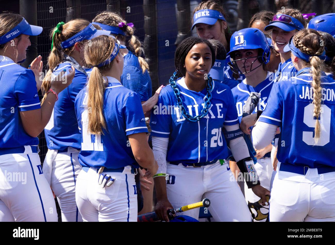 The Duke softball team celebrates Duke utility Kristina Foreman #20 ...