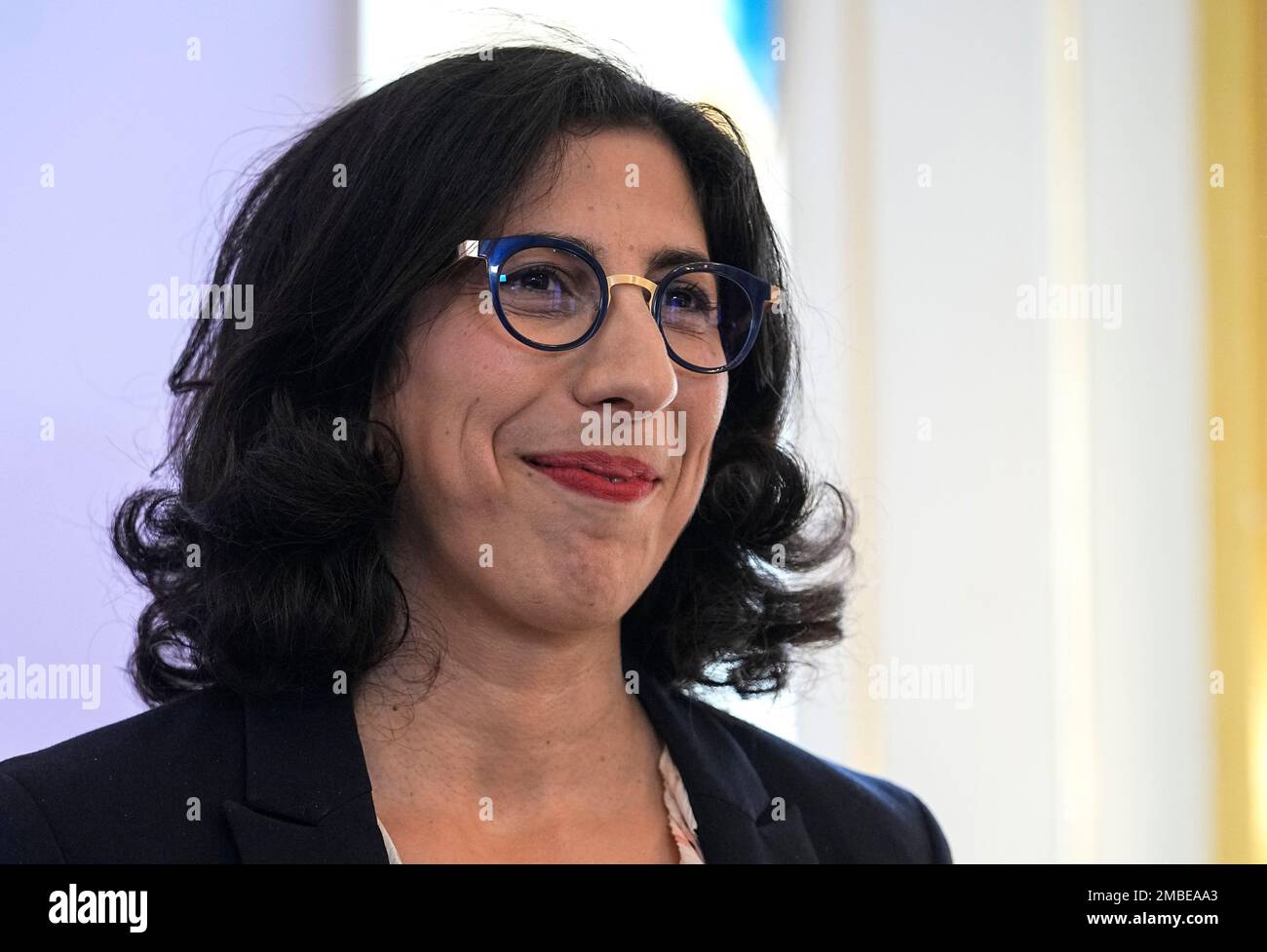 Newly named French Culture Minister Rima Abdul-Malak smiles during a ...