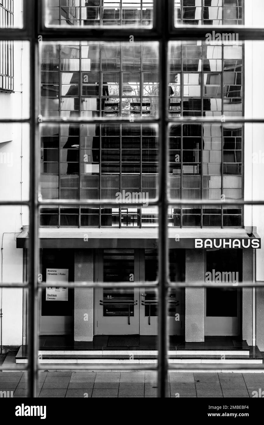 main entrance and sign, bauhaus school, Main building, Dessau, Federal ...
