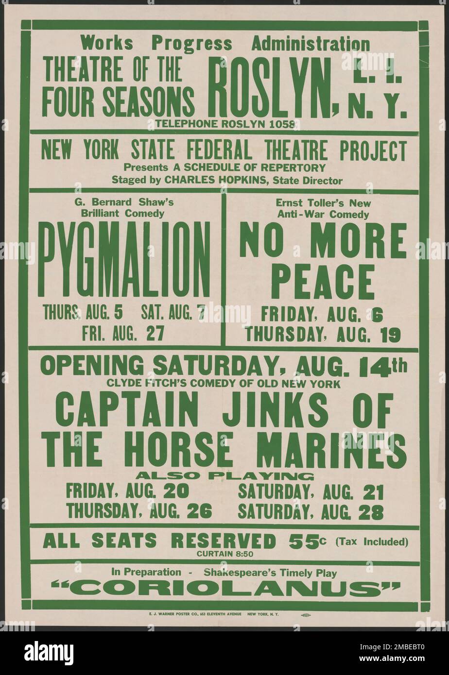 Pygmalion, Roslyn, NY, 1937. The Federal Theatre Project, created by the U.S. Works Progress ...